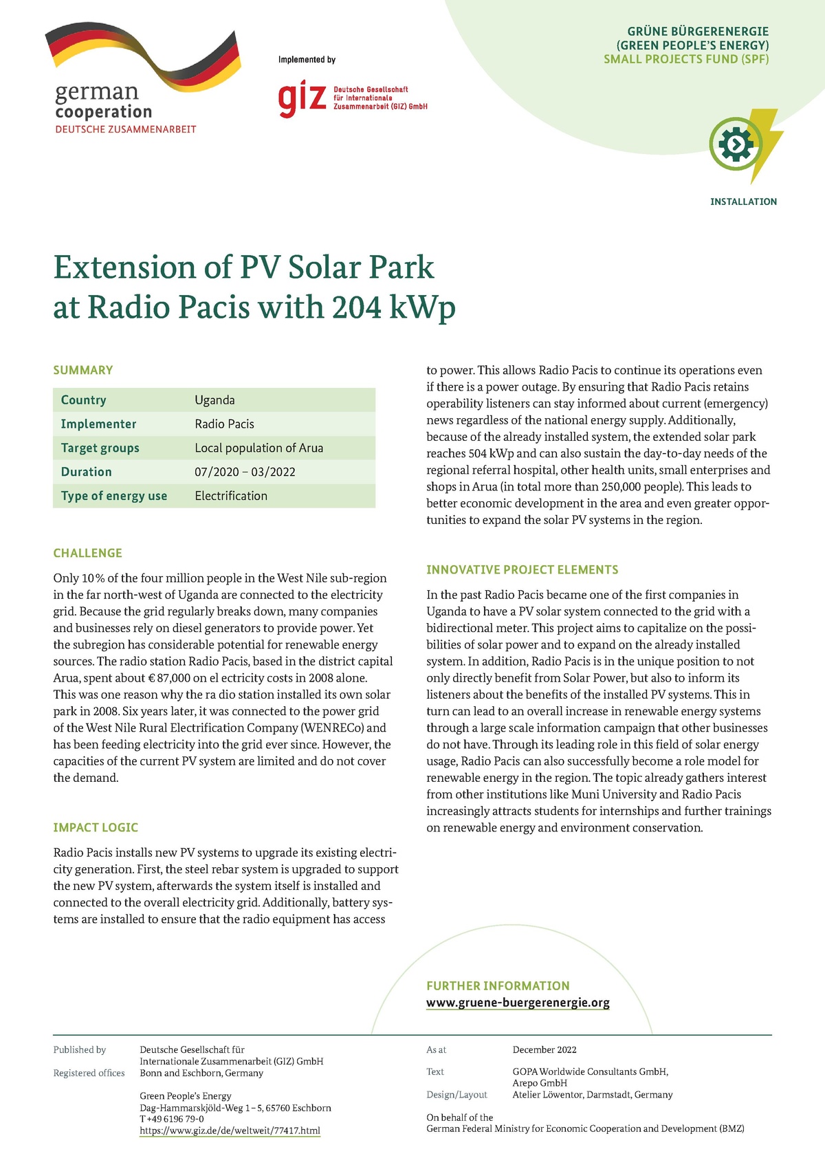 Extension of PV Solar Park at Radio Pacis with 230 kWp - energypedia